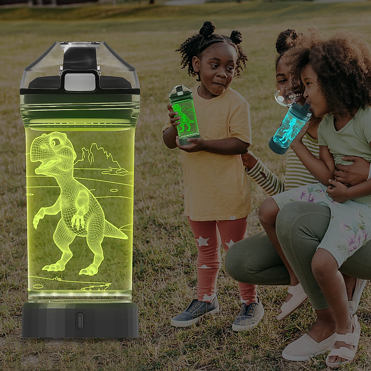 YuanDian Dinosaur Gifts, Light Up Boy Water Bottle with 3D Dino T Rex Design- 14 OZ Tritan BPA Free Eco-Friendly - Cool Drinking Cups Gift for School Kids Boy Girl Child Dinosauria Lovers