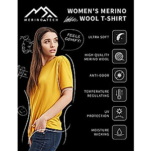 100% NZ Organic Merino Wool Lightweight Women's Base Layer Thermal Short Sleeve T-Shirt + Merino Wool Hiking Socks Bundle (Medium, Purple V-Neck)