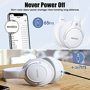 Bluetooth Headphones Over Ear,BERIBES 65H Playtime and 6 EQ Music Modes Wireless Headphones with Microphone,HiFi Stereo Foldable Lightweight Headset,Deep Bass for Home Office Cellphone PC Etc.(White)