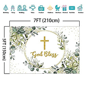 Mocsicka Greenery Baptism Backdrop Green and Gold God Bless Background First Holy Communion Christening Party Cake Table Decoration Banner Photo Booth Props (7x5ft)