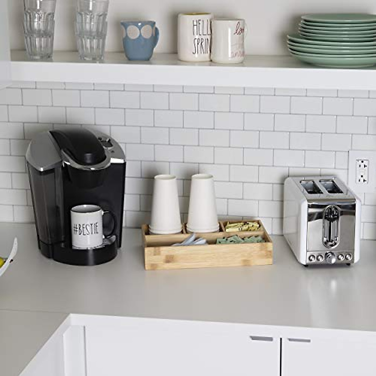 Mind Reader Bamboo Desk, Drawer, Coffee Condiment, Makeup Organizer, 4-Section, Brown