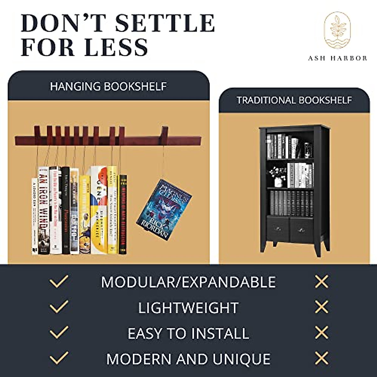 Ash Harbor Floating Wall Bookshelf - Wall Mounted Book Organizer with Included Bookmarks - Hardwood Hanging Bookshelf for Bedroom, Living Room, or Kitchen - A Thoughtful Gift for Book Lovers (Dark)