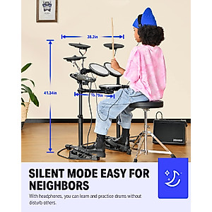 Donner DED-70 Electric Drum Set with 4 Quiet Mesh Drum Pads, 2 Switch Pedal, Portable and Solid Drum Set with Type-C Charging, 68+ Sounds, Throne, Headphones, Sticks, Melodics Lessons