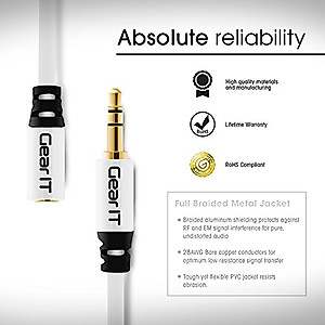 50ft 3.5mm Extension Cable, GearIT Pro Series Preminun Gold Plated 50 Feet 3.5mm Auxiliary Audio Stereo Extension Male to Female Cable, White