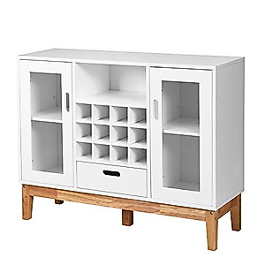 PETSITE White Sideboard Buffet Storage Cabinet with Removable Wine Rack, Glass Doors, Open Shelf & Drawer, Wood Accent Console Table for Living Room, Entryway