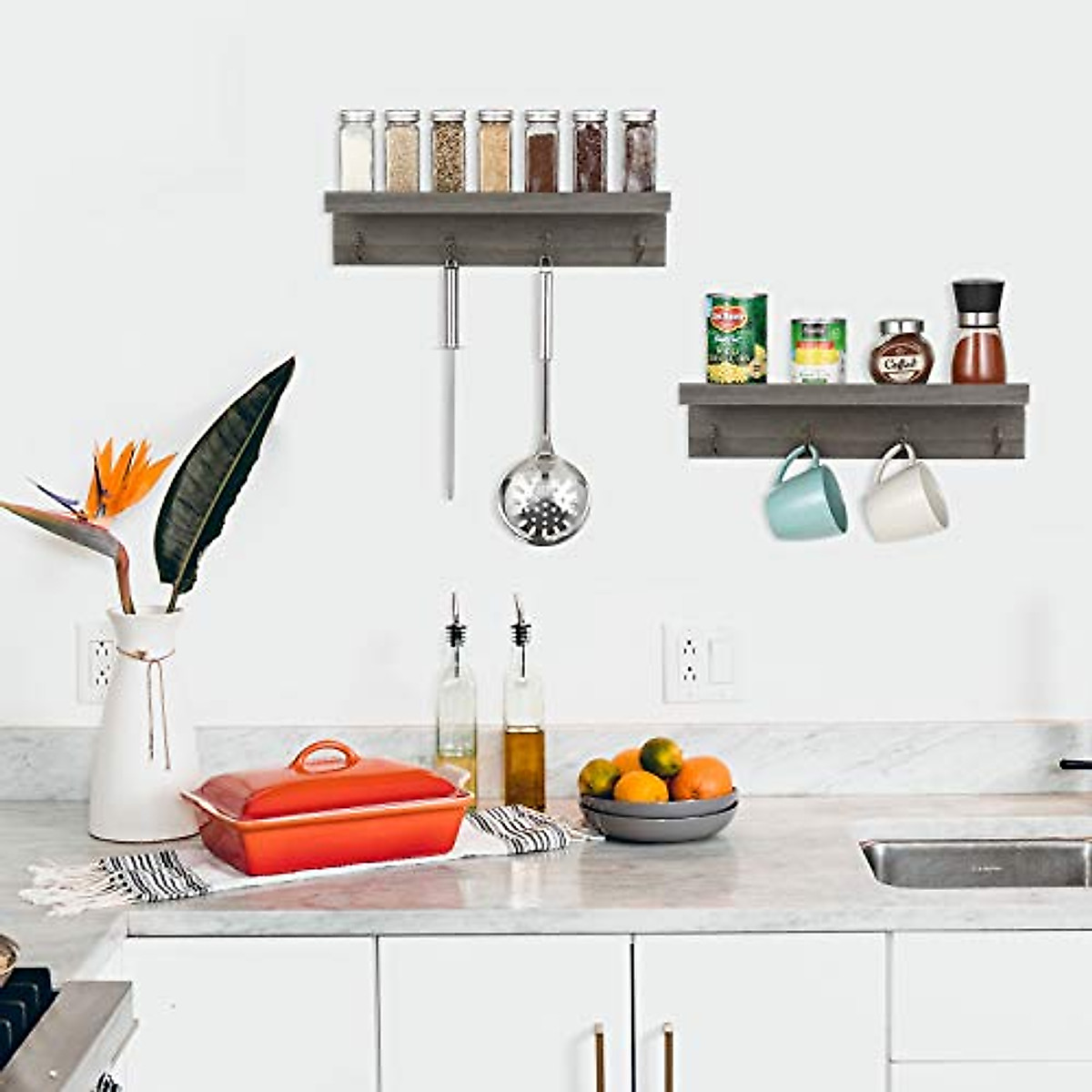 Coat Key Hooks with Storage Shelf, Wall Mounted Entryway Shelf Coat Hooks Set of 2 Solid Wood Hallway Hanging Shelf for Key Hat, Rustic Green