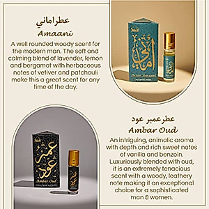 Dukhni Attar Oil Set | العطار العربي | Authentic Arabic Fragrance Oils | 100% Pure, Alcohol-Free Halal Blends | Amaani, Ameerah, Hayati, Ambar, Ambar Oud, White Musk - 6ml each