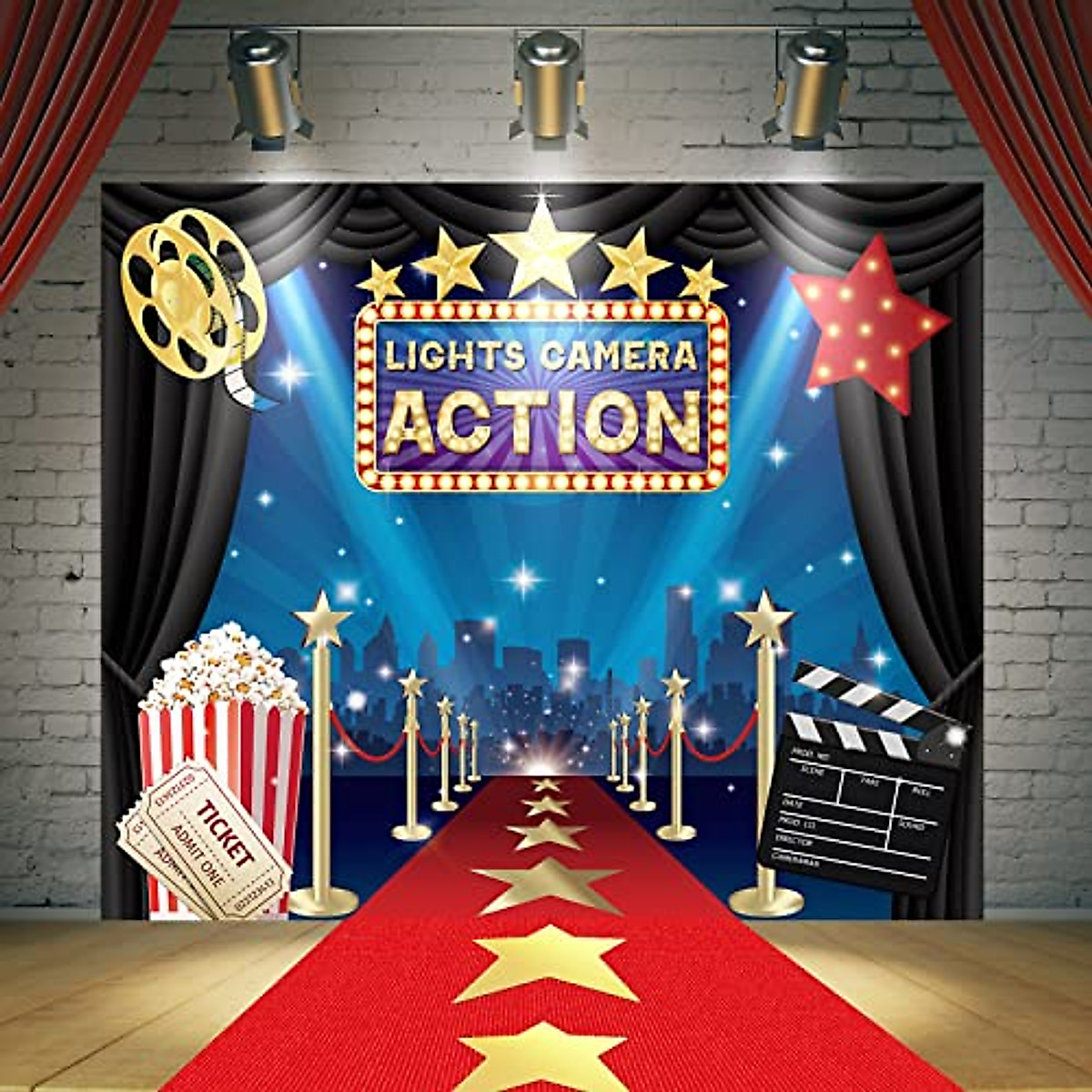 6 x 5 ft Movie Theme Photography Backdrop Red Carpet Party Decorations Runner Red Carpet Runner 2.6 x 15 ft with Carpet Tape and 24 Pieces 8 Inch Gold Star Paper Cutouts for Party Decoration Supplies