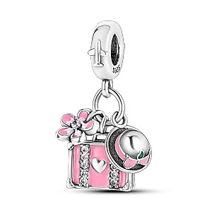 NARMO 925 Sterling Silver Charms for Pandora Bracelets Silver Charms Pink Suitcase Makeup Bag Charms for Women