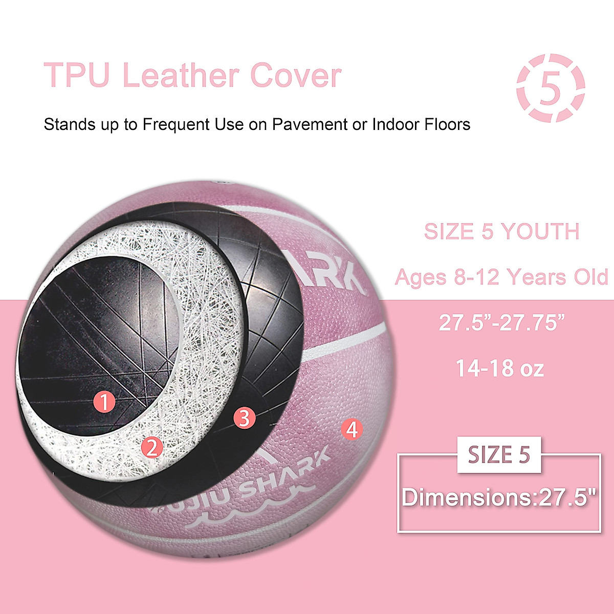 OujiuShark Official Size 5 Basketball, 27.5" Basketball for Age 8-11, Pink Youth Basketball TPU Leather Indoor Outdoor with Net Needle (Without Pump)