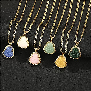 kelistom 14K Gold Plated Buddha Pendant Necklace for Women Men 3MM Flat Figaro Chain Necklace Blue Green Pink White Yellow Buddha Head