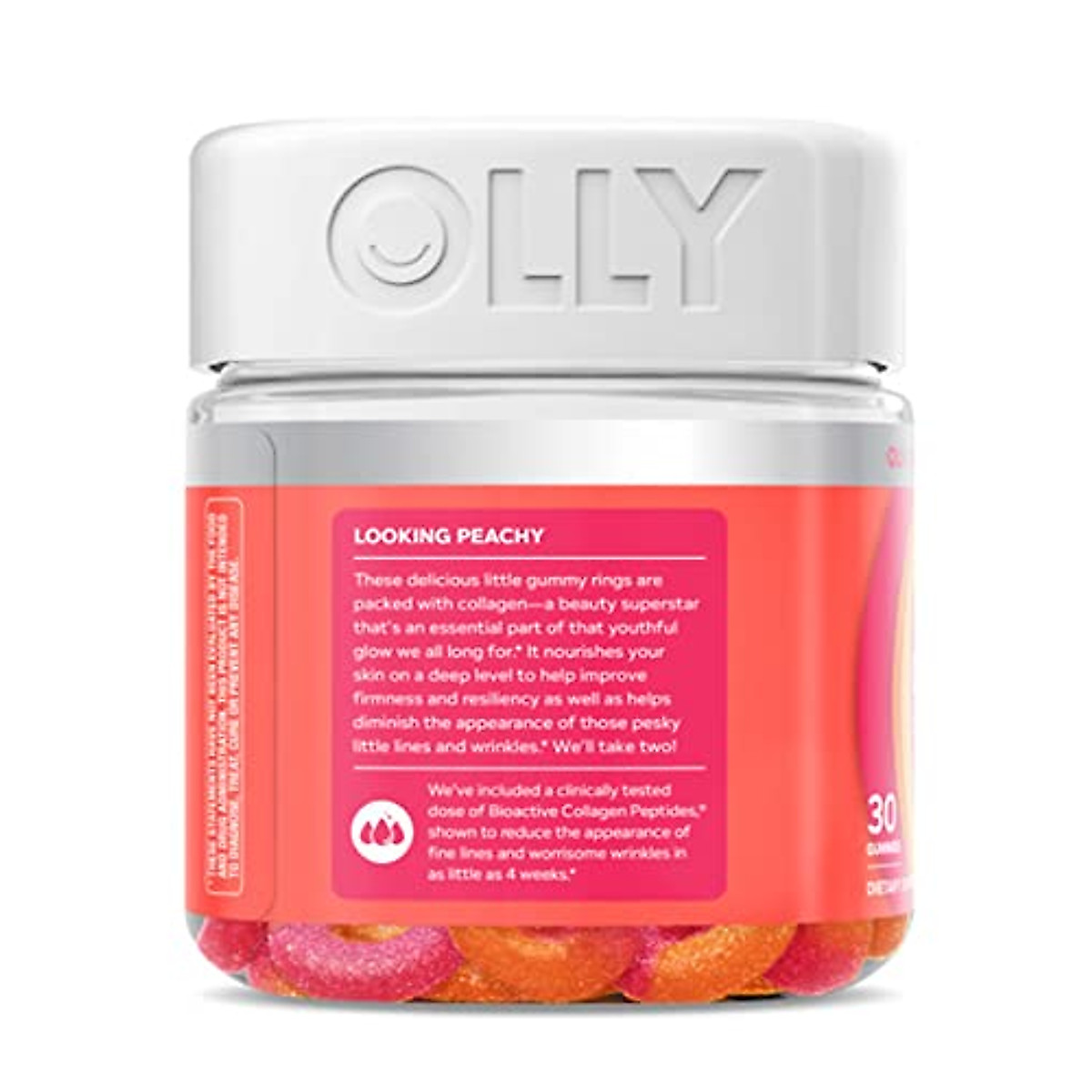OLLY Collagen Gummy Rings, 2.5g of Clinically Tested Collagen, Boost Skin Elasticity & Reduce Wrinkles, Adult Supplement, Peach Flavor, 30 Count