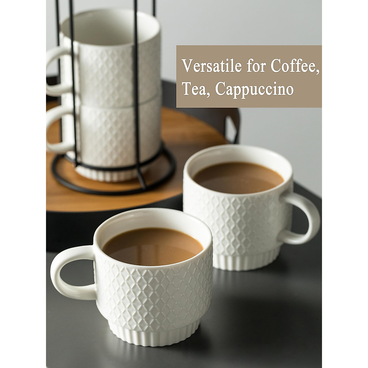 Gomakren Stackable Coffee Mugs Set with Stand, Coffe Cup with Tea Spoon 13 Ounce Cups for Cappuccino Coffee Drinks Tea, Set of 4, White Gift for Man Women 380ml