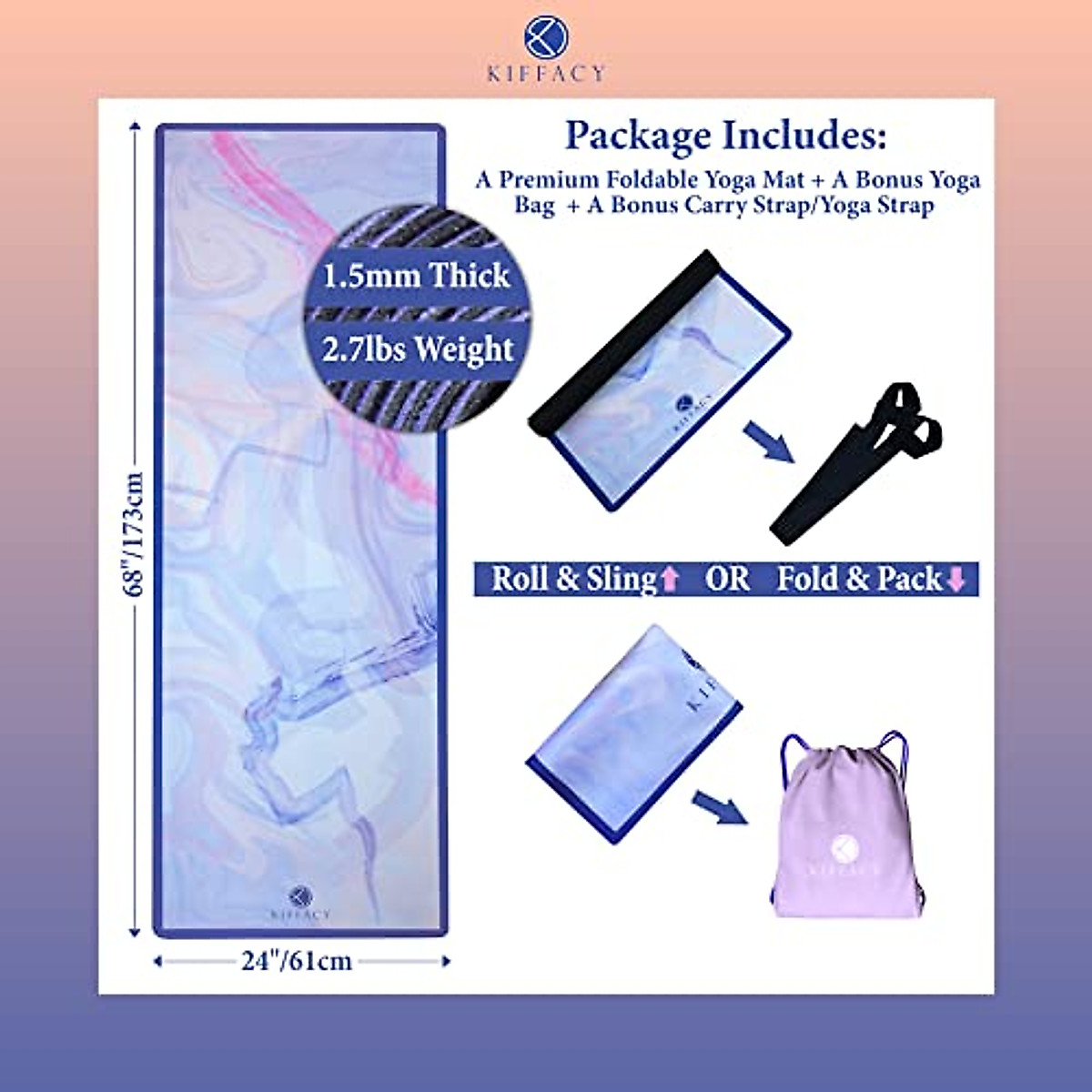 KIFFACY Travel Yoga Mat Foldable Lightweight - Non-Slip 1.5mm Thin Travel Hot Yoga Mat for Yoga Pilates Fitness Exercise, Light Eco Natural Rubber Portable Washable Suede Folding Mat w/Bag