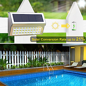 ROSHWEY Solar Outdoor Lights, 10 Pack 30 LED Fence Lights Waterproof Solar Powered Deck Post Lamps Stainless Steel Outside Step Lighting for Backyard Yard Walkway Stairs, Cool White Light