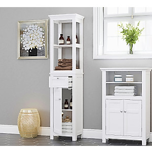 Spirich Home Bathroom Freestanding Storage Cabinet with Two Tier Open Shelves, Tall Slim Cabinet with Door and Drawer, Floor Linen Tower (White)