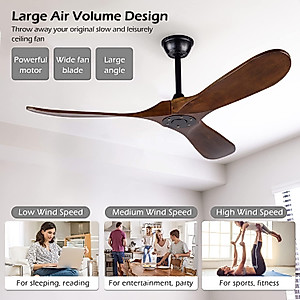 Solid Wood Ceiling Fans Without Light, 52 Inch Real Wood Ceiling Fan with Remote Control and 3 blade, Natural Wood Ceiling Fan Waterproof, Indoor Outdoor Ceiling Fans for Patio, Bedroom, Living room