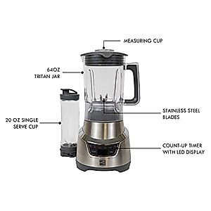 Kenmore Elite 1.3 HP 64 oz Blender With 20 oz Single-Serve Blending Cup, Powerful Ice-Crushing Motor, 8-Cup (1.9L) Tritan Pitcher, 20 oz (600 mL) Travel Cup with To-Go Lid, Grey and Stainless Steel