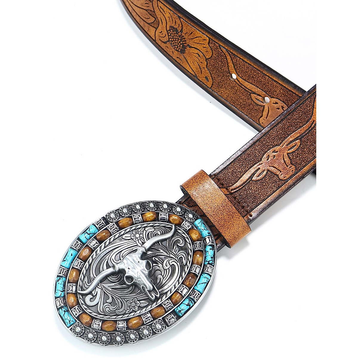 FGSS Western-Cowboy-Leather-Belts for Women Turquoise-Oval-Buckle Embossed Cowgirl Belt for Jeans Pants