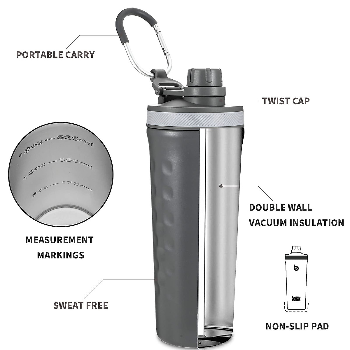 BOTTLE BOTTLE 26 oz Insulated Shaker Bottle Stainless Steel Water Bottle with Wire Whisk, Reusable Protein Shaker Gym Water Cup Grey