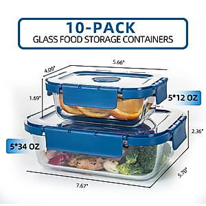 HAKEEMI Glass Food Storage Containers 10 Pack, Glass Meal Prep Containers with Snap Locking Lids Airtight Built in Air Vents, Glass Lunch Containers, Microwave/Dishwasher Safe, Navy Blue