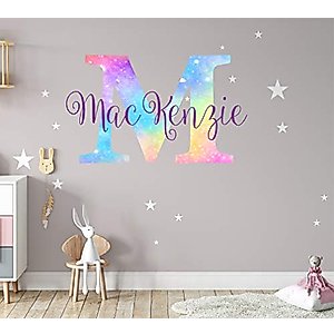 Girls Nursery Shimmer Rainbow Printed Initial and Stars Custom Personalized Name and Initial Vinyl Wall Decal, Decor for Babies Wall Sticker (Large)