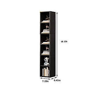 ALISENED 68.5" Tall Narrow Bookshelf, 6 Shelf Wooden Corner Bookcase, Modern Skinny Cubes Storage Organizer Display Shelving for Bedroom, Library, Living Room, Home, Office, Black
