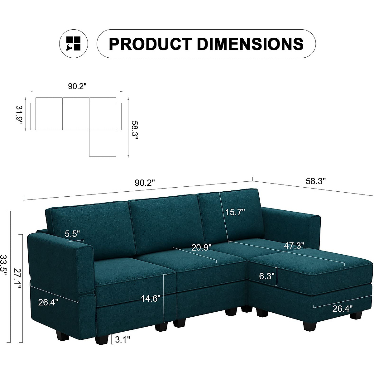 Belffin Small Sectional Sofa Modular L Shaped Couch 3 Seater Sectional Couch Convertible Chaise Ottoman with Storage Peacock Blue