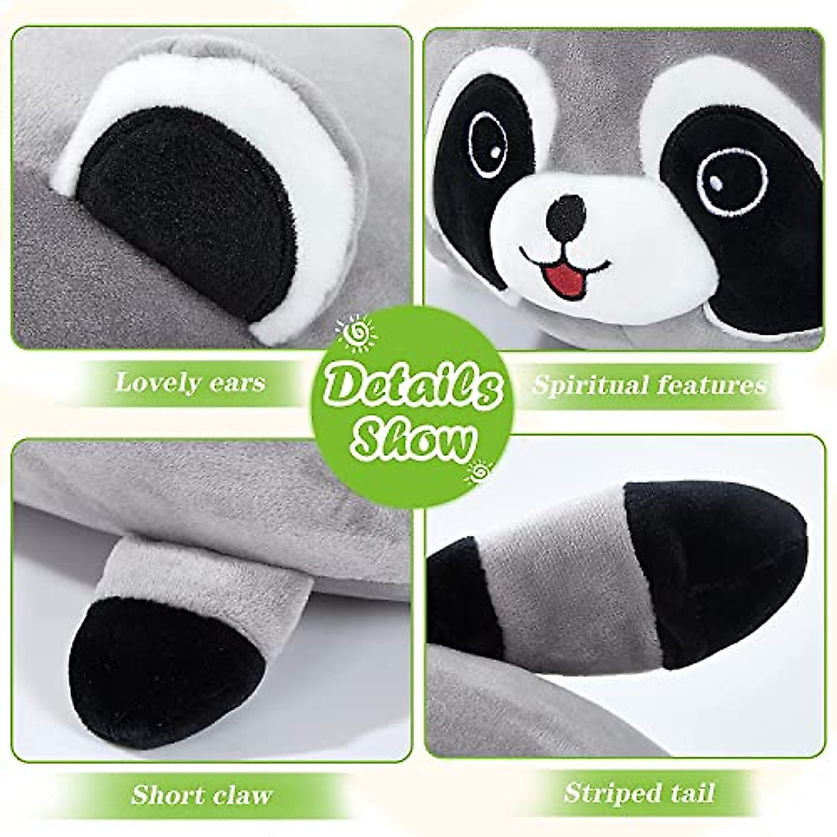 FANGYU Soft Plush Hugging Pillow, Cylindrical Stuffed Animals Doll Toy Kids Gifts for Birthday, Valentine, Christmas (19.6x7.8 inch,Raccoon)