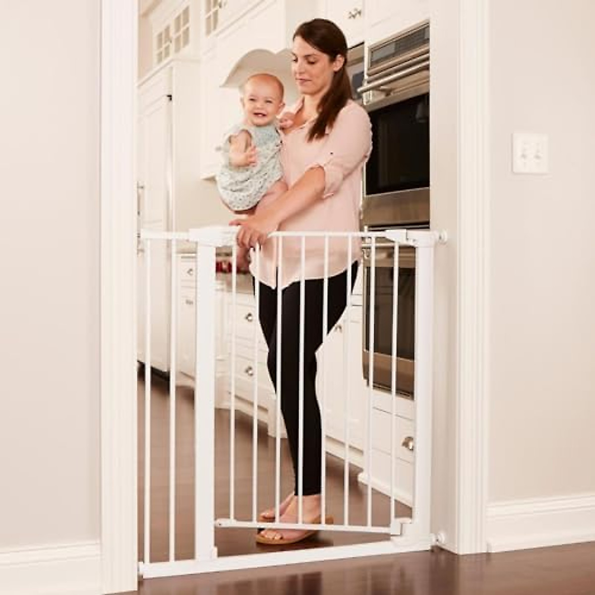 Toddleroo by North States Tall Bright Choice Auto-Close Baby Gate with Door. Pressure Mounted Baby Gate for Doorways, Child Gate Fits Openings 29.75” to 40.5” Wide. (36" Tall, White)