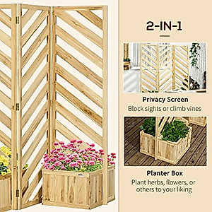 Outsunny Decorative Outdoor Privacy Screen, Freestanding Divider/Separator with 4 Self-Draining Planters, 3 Trellis Plant Support Panels for Garden Walkway, Backyard - Natural Wood