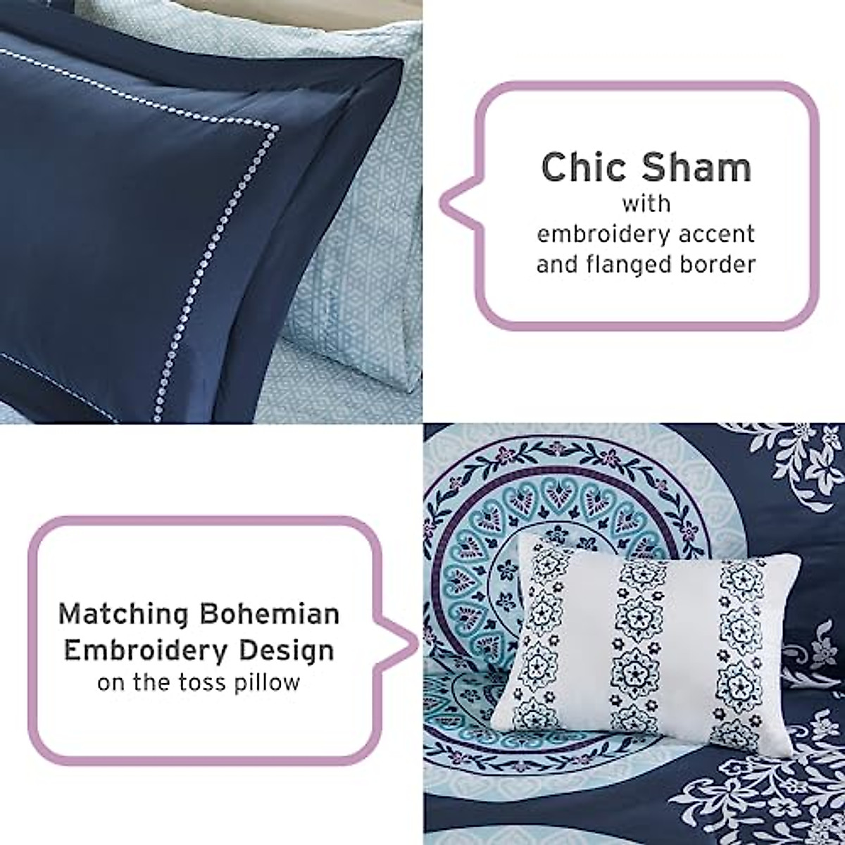 Intelligent Design Complete Bed In A Bag Casual Boho Comforter with Sheet Set Decorative Pillow, All Season Bedding Set, Queen, Loretta Navy 9 Piece
