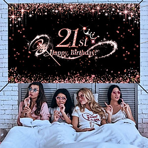 Rose Gold Happy 21st Birthday Banner Backdrop Decorations for Girls Extra Large Fabric 21 Year Old Birthday Finally Legal Twenty One Party Photography Background Decor Sign Photo Booth Party Supplies