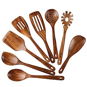 Wooden Spoons for Cooking, 8 PCS WOSPONFAN Kitchen Utensils Set, Wooden Utensils for Cooking - Wooden Spoons, Spatula Set, Slotted Spoon, Handmade Acacia Wooden Spoon Set