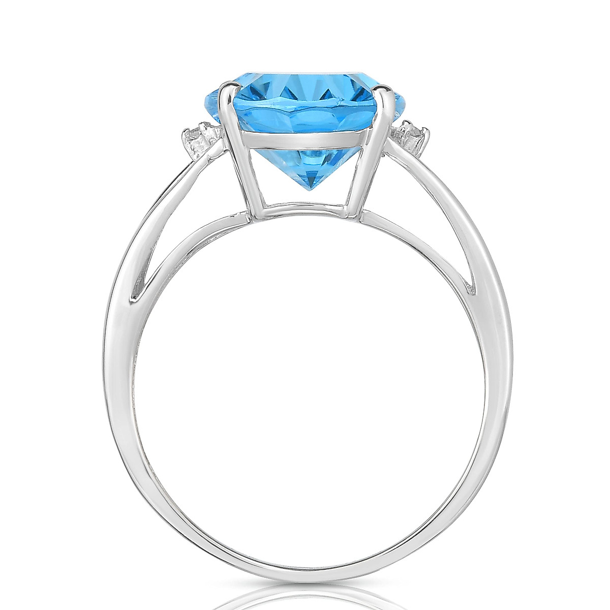 KOKAV 14K White Gold Genuine Blue Topaz 5-5/8 Ct Oval, Diamond Accent Ring, Split Shank. Size 7