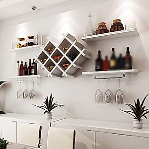 Wall Mounted Wine Rack, Modern Diamond-Shaped Set of 5 Wine Rack Wall Mounted Wooden Wine Holder Shelf Shelves and Glass Holder Rack Insert Display Rack Multifunctional Storage Shelf (White/Black)