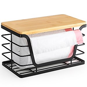 ALOCEO Small Trash Bag Holder with Bamboo Top, Wall Mount Stackable Standard Garbage Bag Dispenser for Laundry Room Organization and Storage