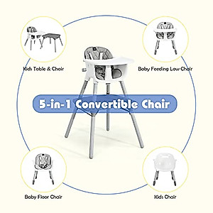 HONEY JOY 5-in-1 High Chair, Convertible Highchair for Babies and Toddlers/Kids Chair Table Set/Booster Seat/Infant Feeding Chair w/Safety Harness, PU Leather Cushion & Removable Food Tray (Gray)