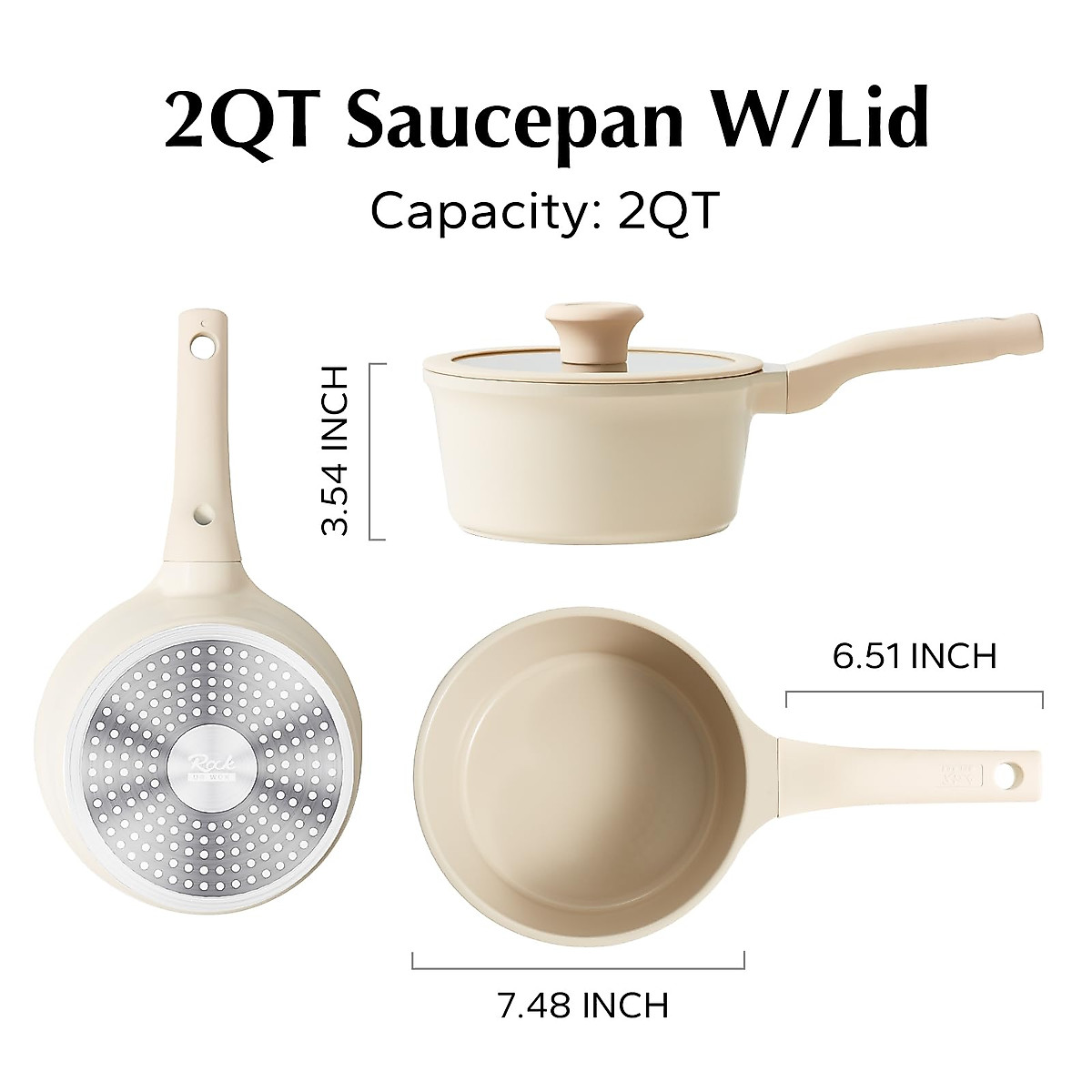 ROCKURWOK Ceramic Nonstick Sauce Pan with lid, 2QT Small Pot for Cooking, Stay-cool Handle, Non Toxic & PFAS-Free, Compatible with All Cooktops