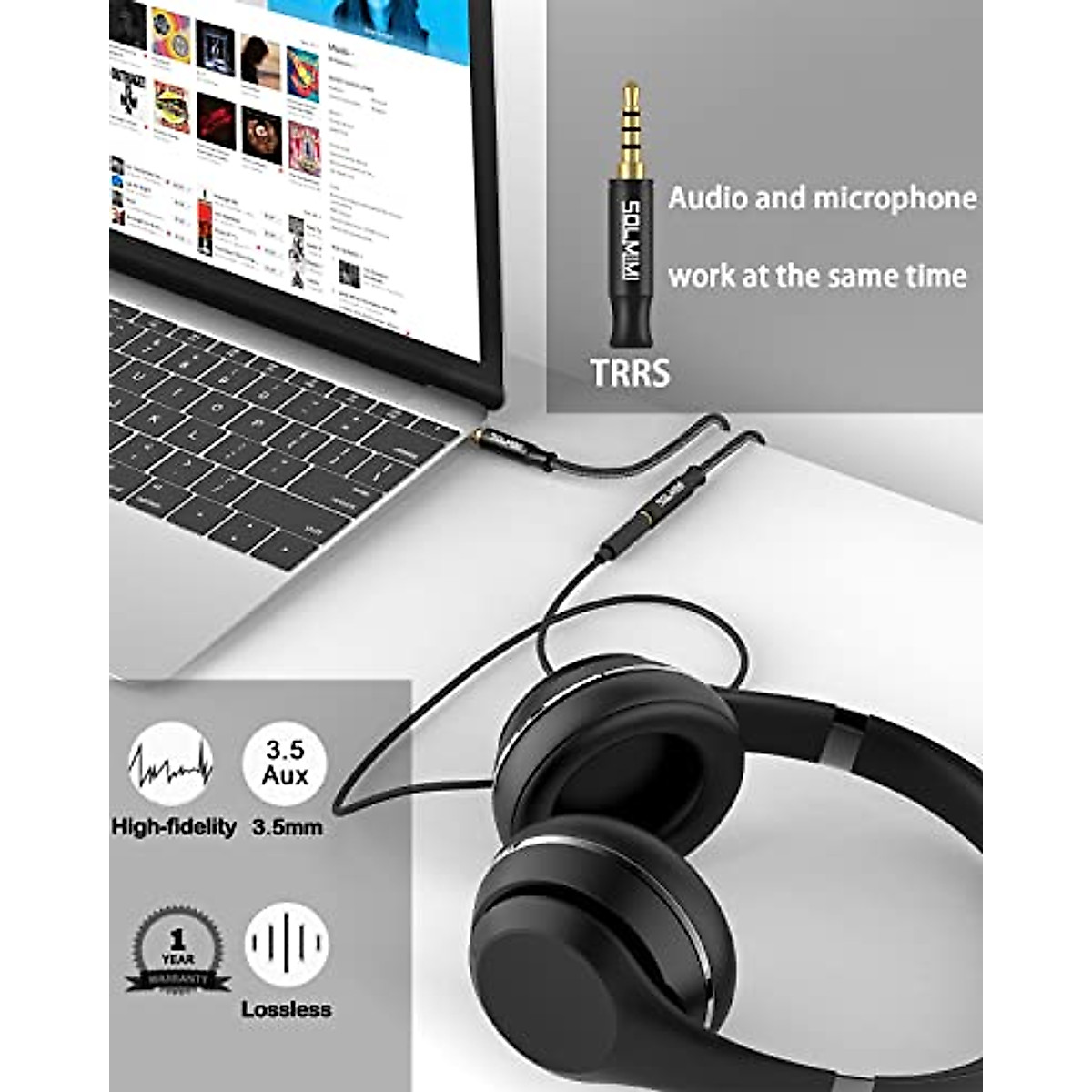 SOLMIMI Headphone Extension Cable (8ft/1.2m) 4 Pole 3.5mm TRRS Male to Female Lossless Stereo Audio Cable Extension Nylon Braid Aux Cord Extension for Headset or Audio Devices –Matte Black