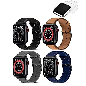(4 Pack) Compatible with Apple Watch Band 45mm 44mm 42mm, C.M Genuine Leather Band Replacement Strap Compatible with Apple Watch Series 7/6/5/4/3/8/9/SE, Brown Blue Grey Black Band with Black