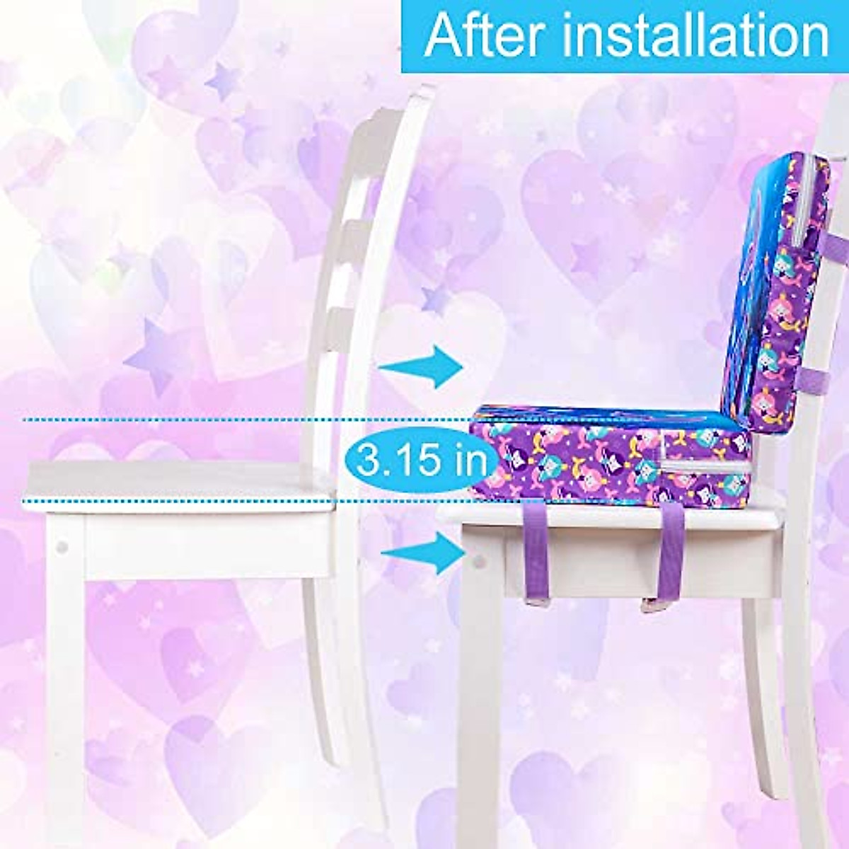 2PCS Toddler Booster Seat for Dining Table, Chair Increasing Cushion for Baby Kids, Washable Thick Chair Seat Pad Mat Strap, Portable Dismountable Adjustable Highchair Booster - Mermaid