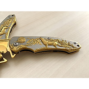 Wolf Pocket Knife, Spring Assisted Tactical Knife with Stainless Steel 3.5" Blade for Tactical Rescue, Self Defense, Hunting, Survival Glass Breaker Knives (Gold)