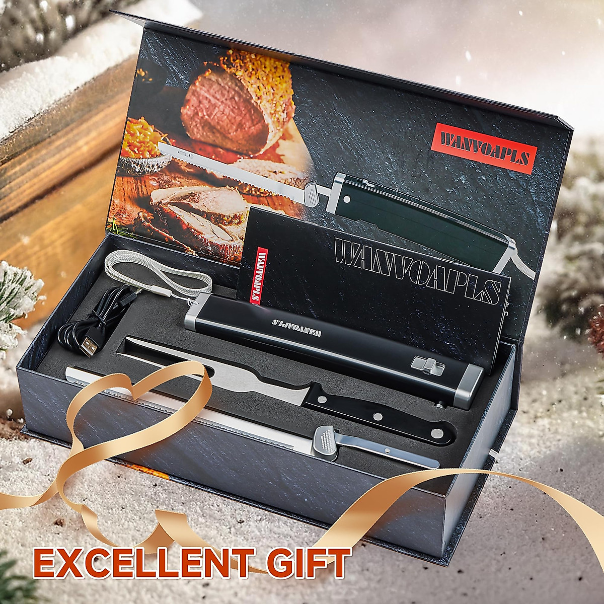 Wanvoapls Cordless Electric Knife Set - Rechargeable Carving Knife with Safety Lock, Black Ergonomic Handle with Knives and Forks, for Meat, Bread, Brisket Slicing, Thanksgiving and Christmas Gifts