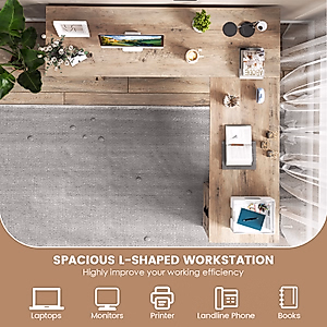 Tangkula 66" x 66" L-Shaped Office Desk with Keyboard Tray, Spacious Corner Computer Desk with Storage Drawers & Cabinet, Home Office Desk Executive Office Desk, Space-Saving Computer Workstation