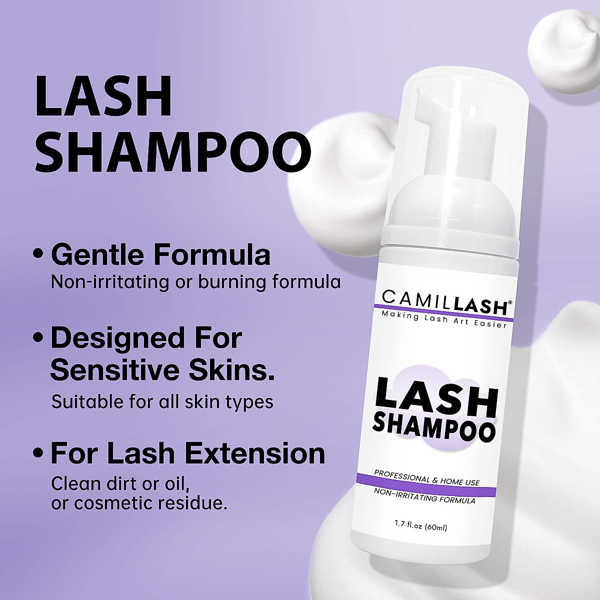 CL CAMILLASH Lash Cleanser For Extensions,Eyelash Wash Shampoo Kit Remover With Bath Brush,Oil & Sulfate Free Rose Extract For Salon and Home Use(60ml)