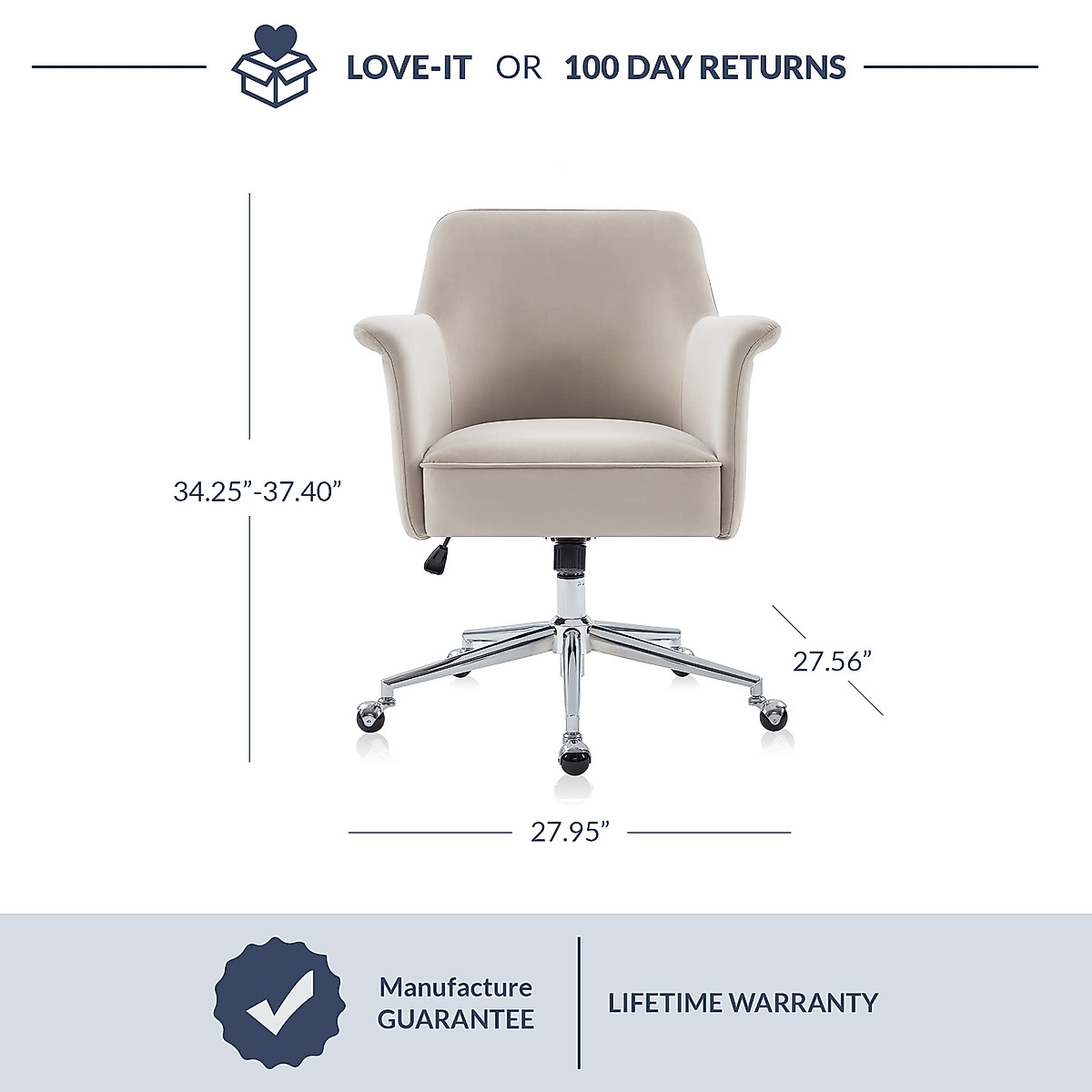 BELLEZE Modern Home Office Chair, 360 Degree Swivel Desk Chair Velvet Office Chair with Metal Base, Rolling Chair Adjustable Chair with Arms and Wheels for Bedroom, Study, Vanity - Peyton (Black)