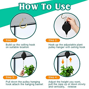 Ahier Retractable Plant Hanger, 2PCS Adjustable Plant Pulley Hanger Hanging Planters Flower Basket Hook Hanger with 2PCS Metal Ceiling Plant Hooks for Garden Birds Feeder
