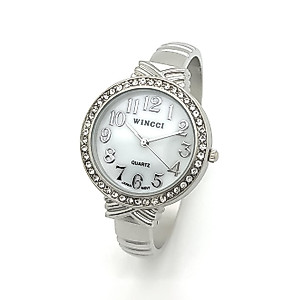 Wincci Ladies Mother of Pearl Dial Metal Bangle Cuff Fashion Analog Quartz Watch with Rhinestones (Silver)