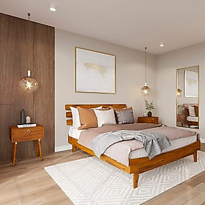 Bme Caden 15 Inch Deluxe Bed Frame with Adjustable Headboard - Mid Century, Retro Style with Acacia Wood - No Box Spring Needed - 12 Strong Wood Slat Support - Easy Assembly - Caramel, Queen